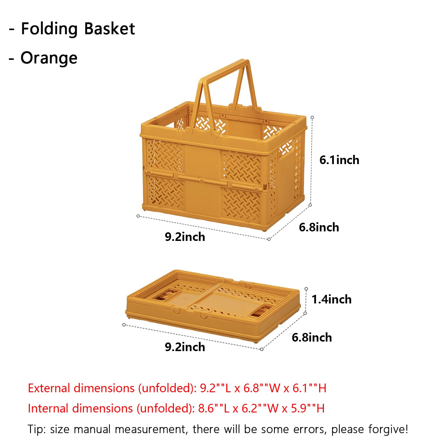 Xhwykzz Plastic Basket with Handle, Folding Pastel Crates for storage, Storage Basket for kitchen living-room Desktop Shelf Organing (Orange) 9.2""L x 6.8""W x 6.1""