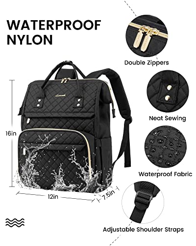 LOVEVOOK Laptop Backpack Women, Stylish Quilted Computer Backpack with USB Port for Work, Waterproof Backpack Purse fits 15.6 inch Laptop, Nurse Teacher Backpack Travel Bags, Lozenge-Black
