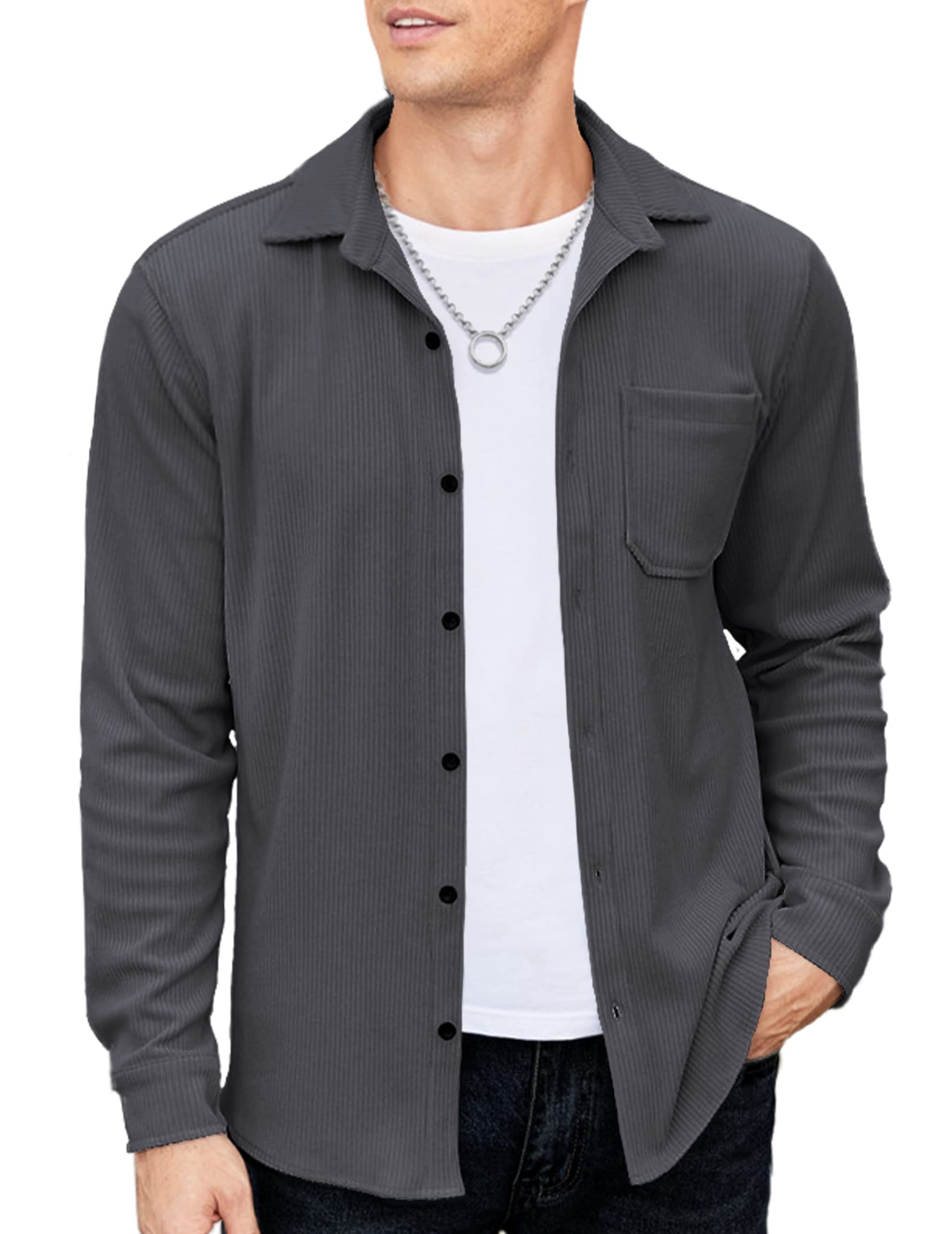 COOFANDY Men's Corduroy Shacket Casual Button Up Work Jackets Lightweight Shirt Jacket Dark Grey