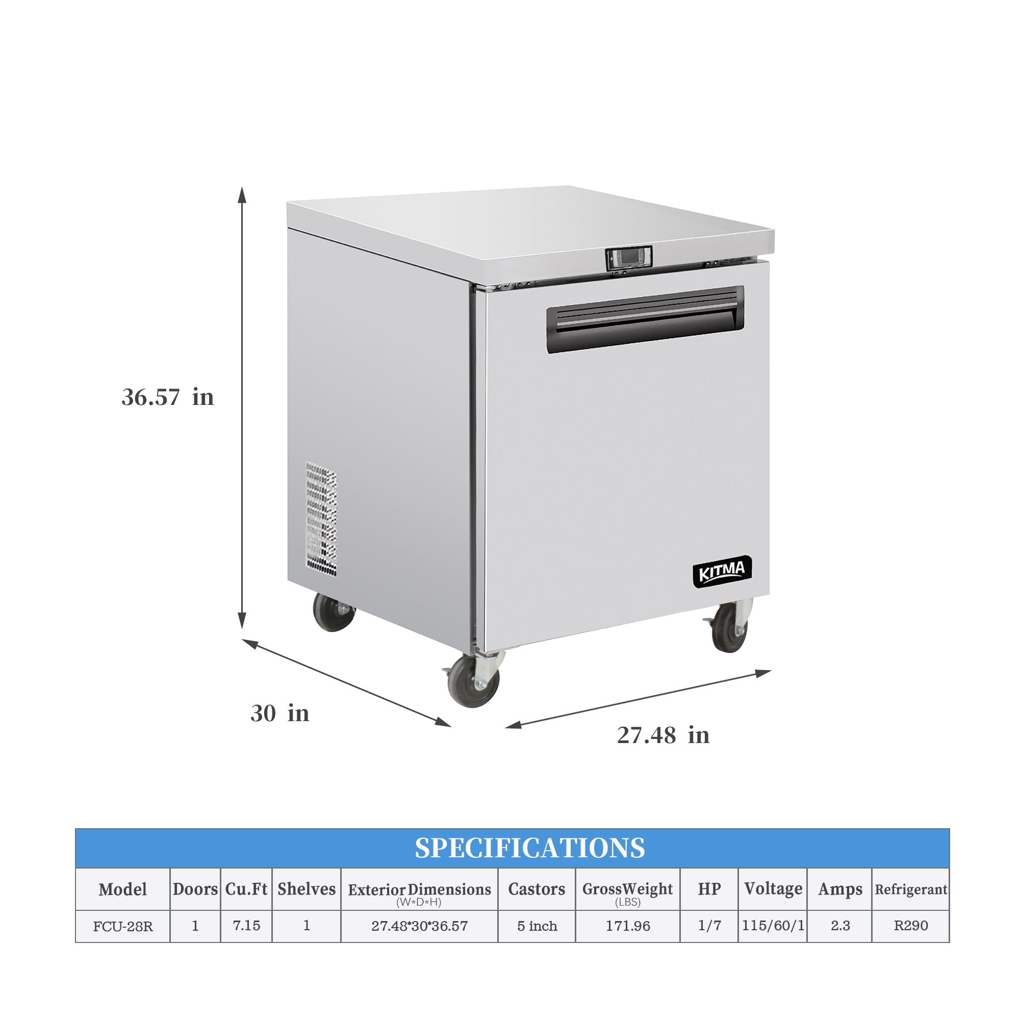 KITMA Commercial Undercounter Refrigerators WorkTop Refrigerator with Single Solid Door - 7.15 Cu.Ft