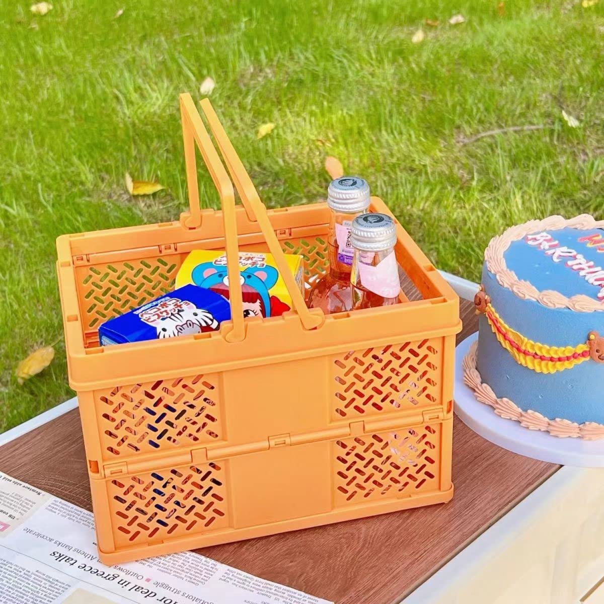 Xhwykzz Plastic Basket with Handle, Folding Pastel Crates for storage, Storage Basket for kitchen living-room Desktop Shelf Organing (Orange) 9.2""L x 6.8""W x 6.1""