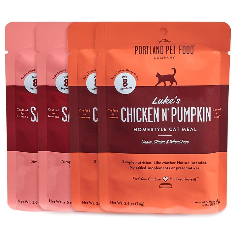 Human-Grade Mixed Variety Pack Wet Cat Food Pouch — Moist, Soft Cat Food Mixer, Topper, and Rotational Meal (2 Chicken, 2 Salmon) by Portland Pet Food Company