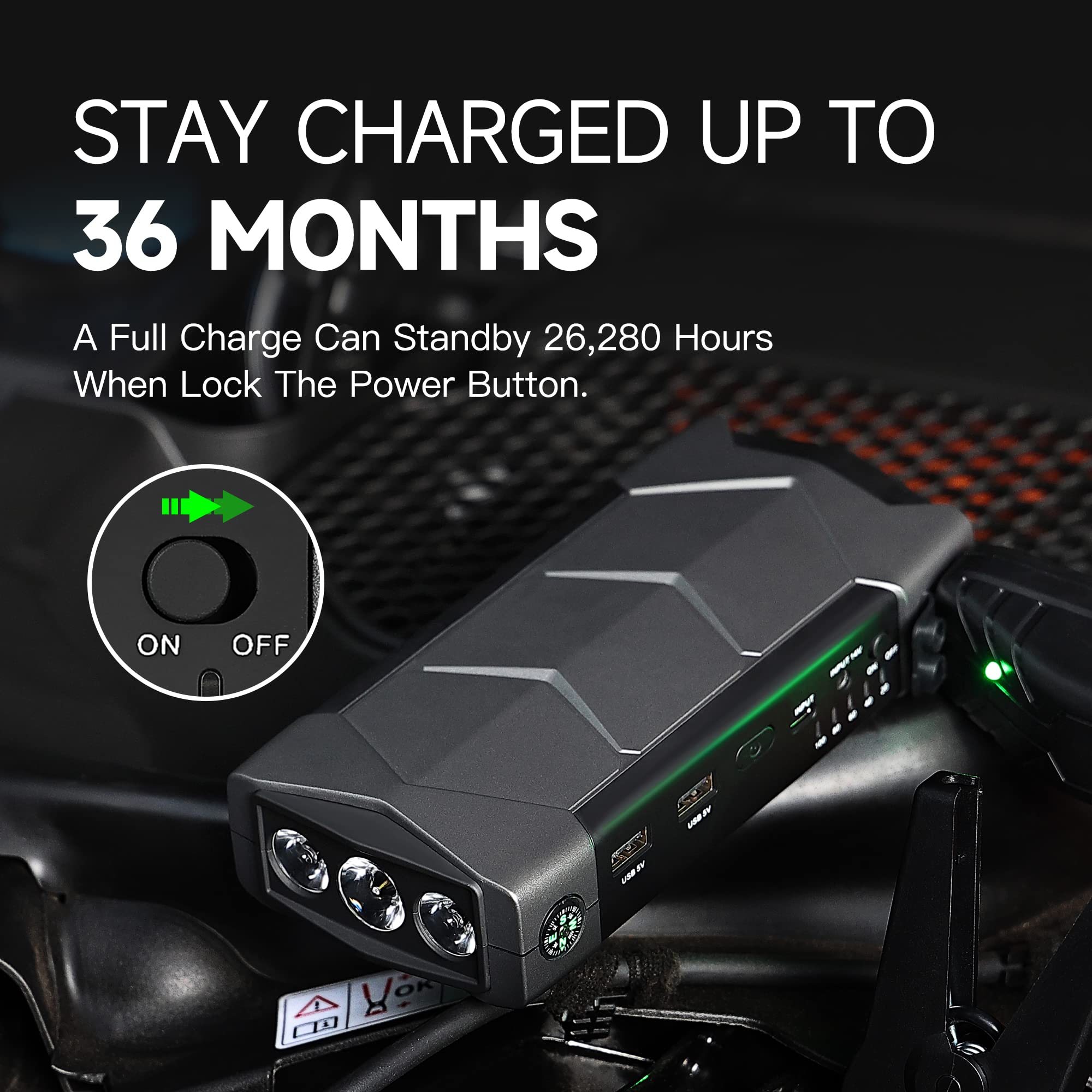 CELLGEAR Portable Car Jump Starter,2000A Battery Jump Starter(Up to 6.0L Gas 4.0L Diesel Engine) 12V Car Battery Charge Jump Starte with USB Fast Charging,Emergency Warning/LED Light and Compass