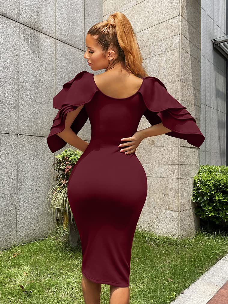 DAAWENXI Women's Elegant Ruffle Off The Shoulder Zipper Empire Midi Cocktail Dress WineRed