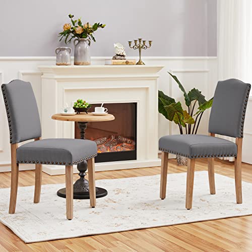 Yaheetech Dining Chairs Set of 2 Dining Room Chair Fabric Parsons Chairs with Nailhead Trim and Solid Wood Legs for Home, Kitchen, Dining Room, Dark Gray