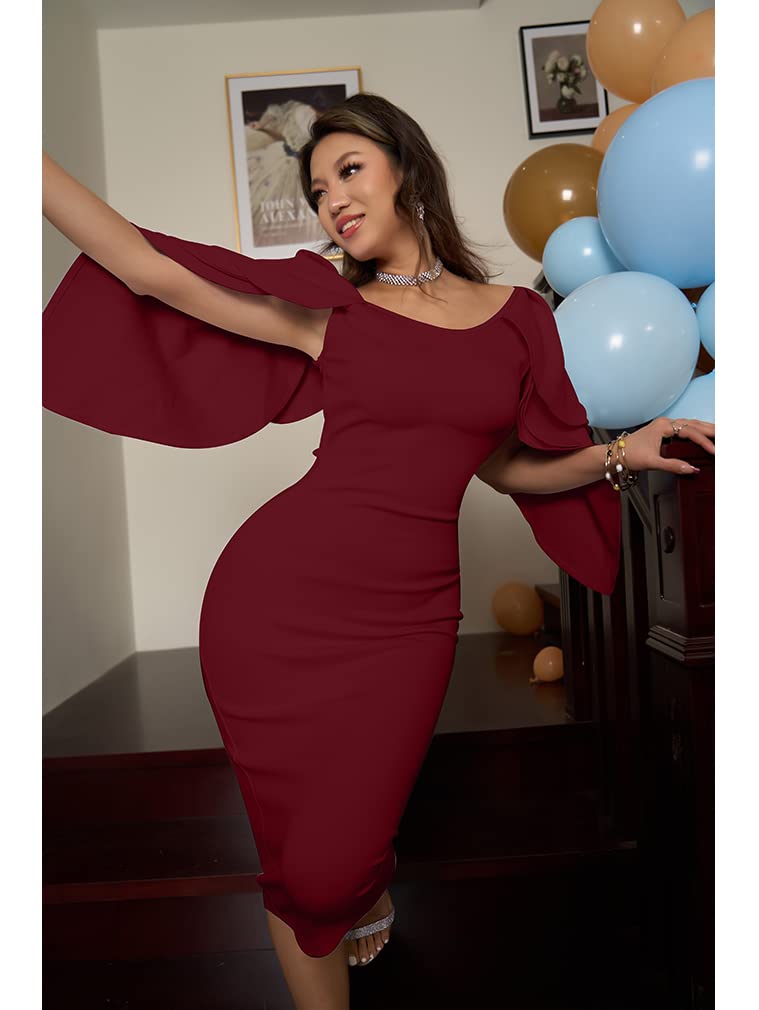 DAAWENXI Women's Elegant Ruffle Off The Shoulder Zipper Empire Midi Cocktail Dress WineRed