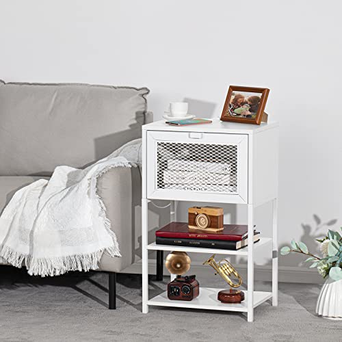 LEBOAHOUS Nightstand with Charging Station and USB Port, 3 Tier Industrial Night Stand, Bedside Table with Flip Storage Drawer and Open Shelf, End Side Table for Bedroom, Office, Dorm 26.2''H (White)
