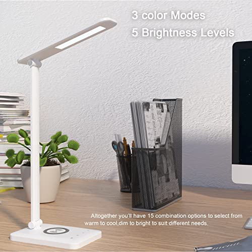 HDTIME LED Desk Lamp with Wireless Charging, Eye-Caring Table Lamp USB Charging Port, 3Lighting Modes 5Brightness Levels with Memory Function, Touch Control Adjustable Lamp15W Office, Reading, Study