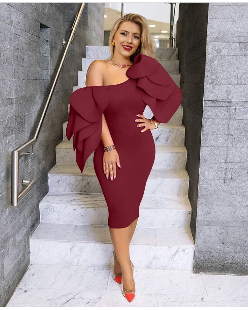 DAAWENXI Women's Elegant Ruffle Off The Shoulder Zipper Empire Midi Cocktail Dress WineRed