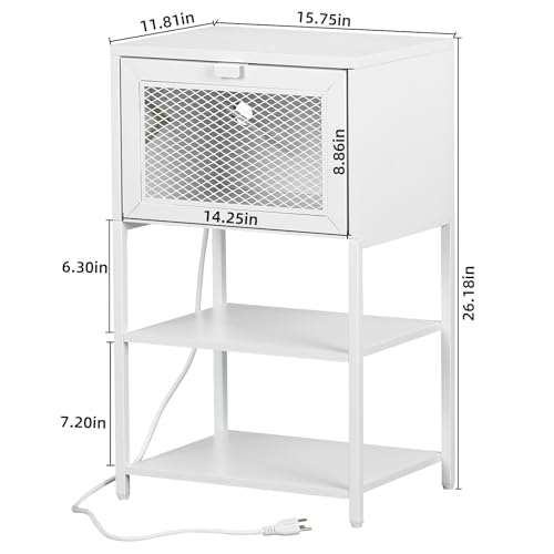 LEBOAHOUS Nightstand with Charging Station and USB Port, 3 Tier Industrial Night Stand, Bedside Table with Flip Storage Drawer and Open Shelf, End Side Table for Bedroom, Office, Dorm 26.2''H (White)