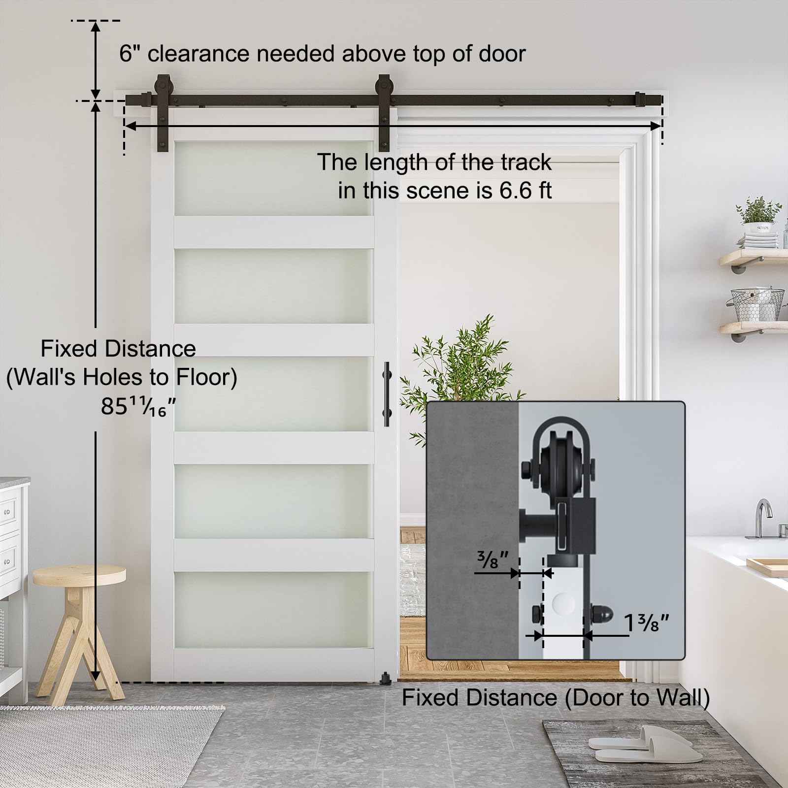 SmartStandard 36 x 84 in Glass Barn Door with 6.6FT Sliding Hardware Kit & Handle, Pre-Drilled Ready to Assemble, Waterproof PVC Coating, White, 5-Panel Glass