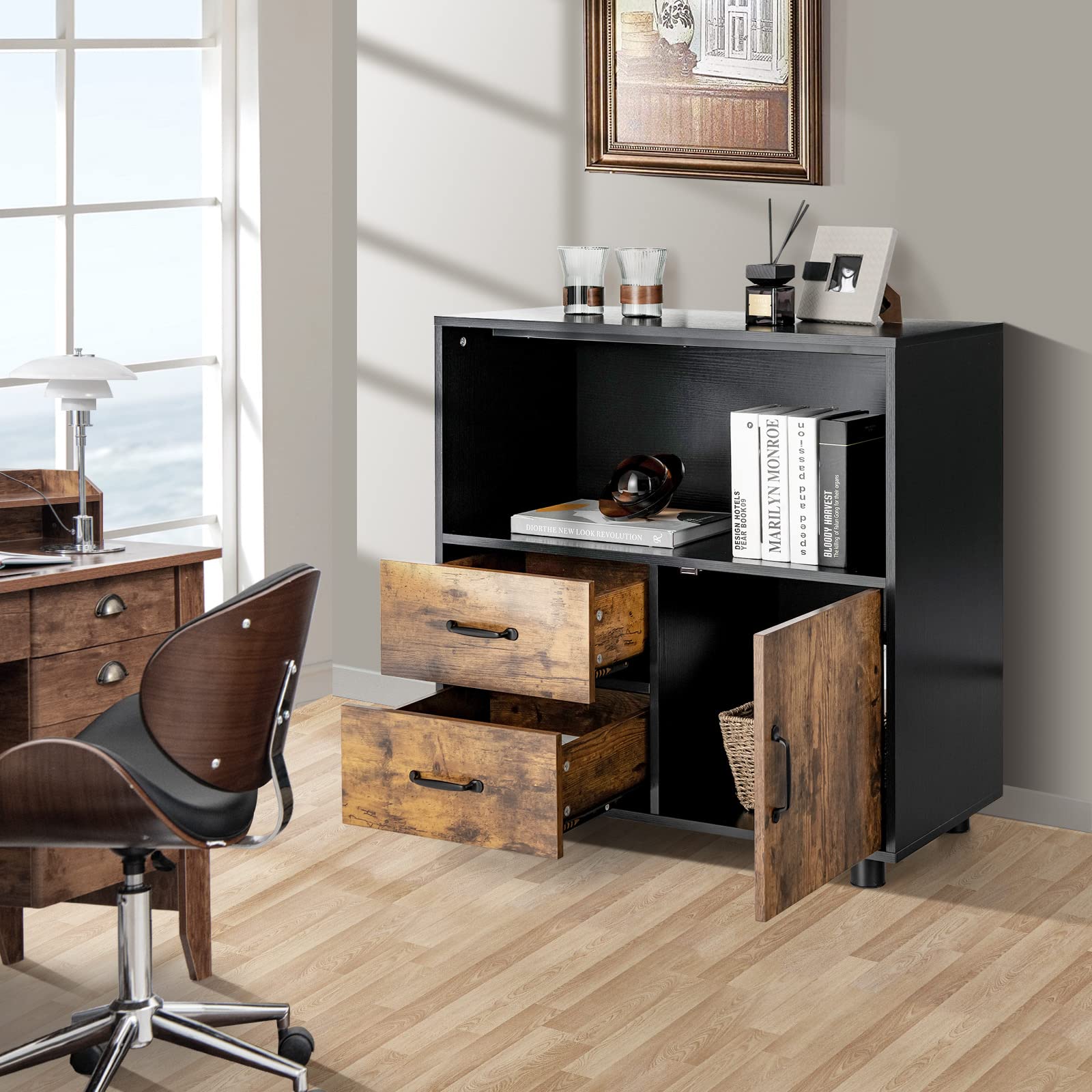 Giantex 2 Drawer File Cabinet - Lateral Filing Storage Cabinet with Industrial Style, Anti-Scratch Surface, Anti-Tipping Device, Middle Open Shelf, Printer Stand for Home Office 31.5” x 16” x 31.5”