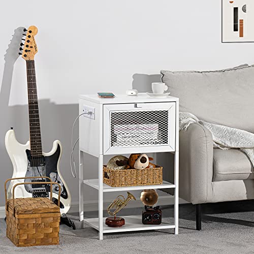 LEBOAHOUS Nightstand with Charging Station and USB Port, 3 Tier Industrial Night Stand, Bedside Table with Flip Storage Drawer and Open Shelf, End Side Table for Bedroom, Office, Dorm 26.2''H (White)