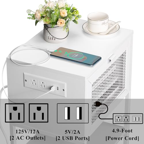 LEBOAHOUS Nightstand with Charging Station and USB Port, 3 Tier Industrial Night Stand, Bedside Table with Flip Storage Drawer and Open Shelf, End Side Table for Bedroom, Office, Dorm 26.2''H (White)