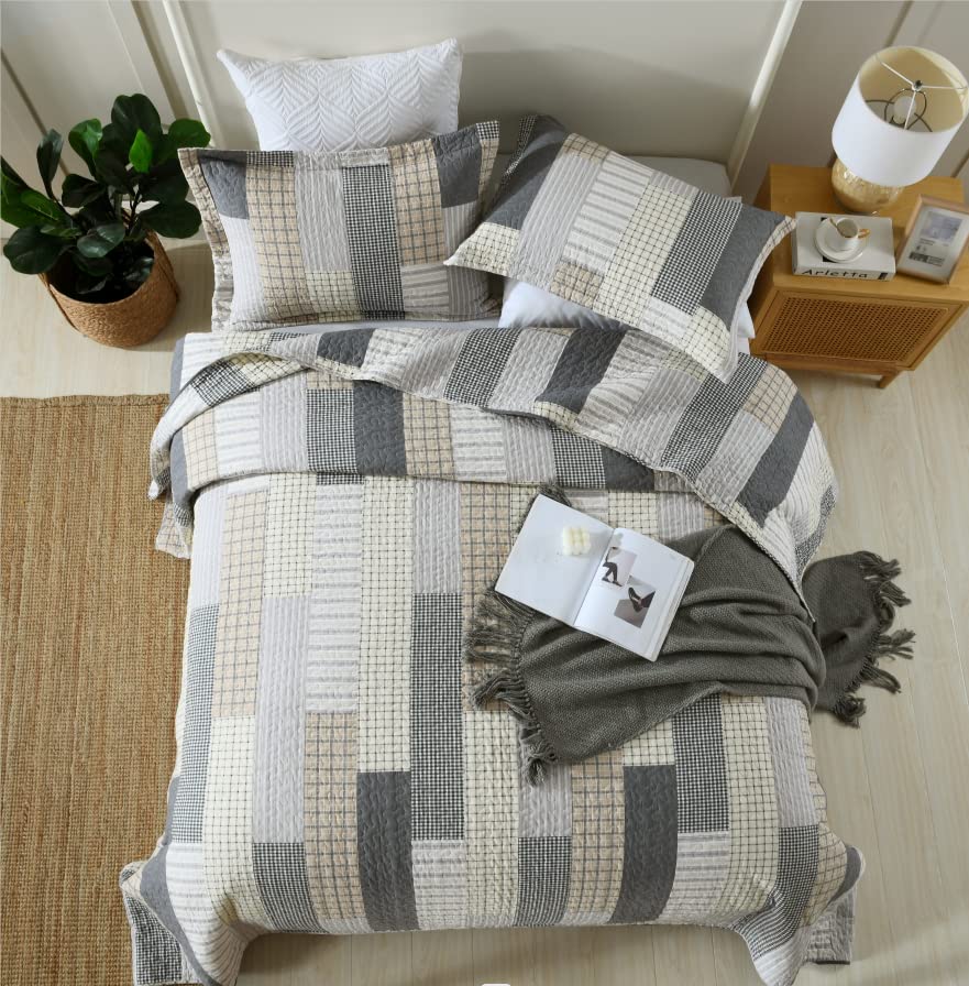 Qiqiong Quilt King Size,Patchwork Quilt Bedding Set 100% Cotton Plaid Bedspread King Size Lightweight Coverlet Comforter Set Quilted Bedspreads All Season,Gray/Charcoal/Cream/Beige 3 Pieces