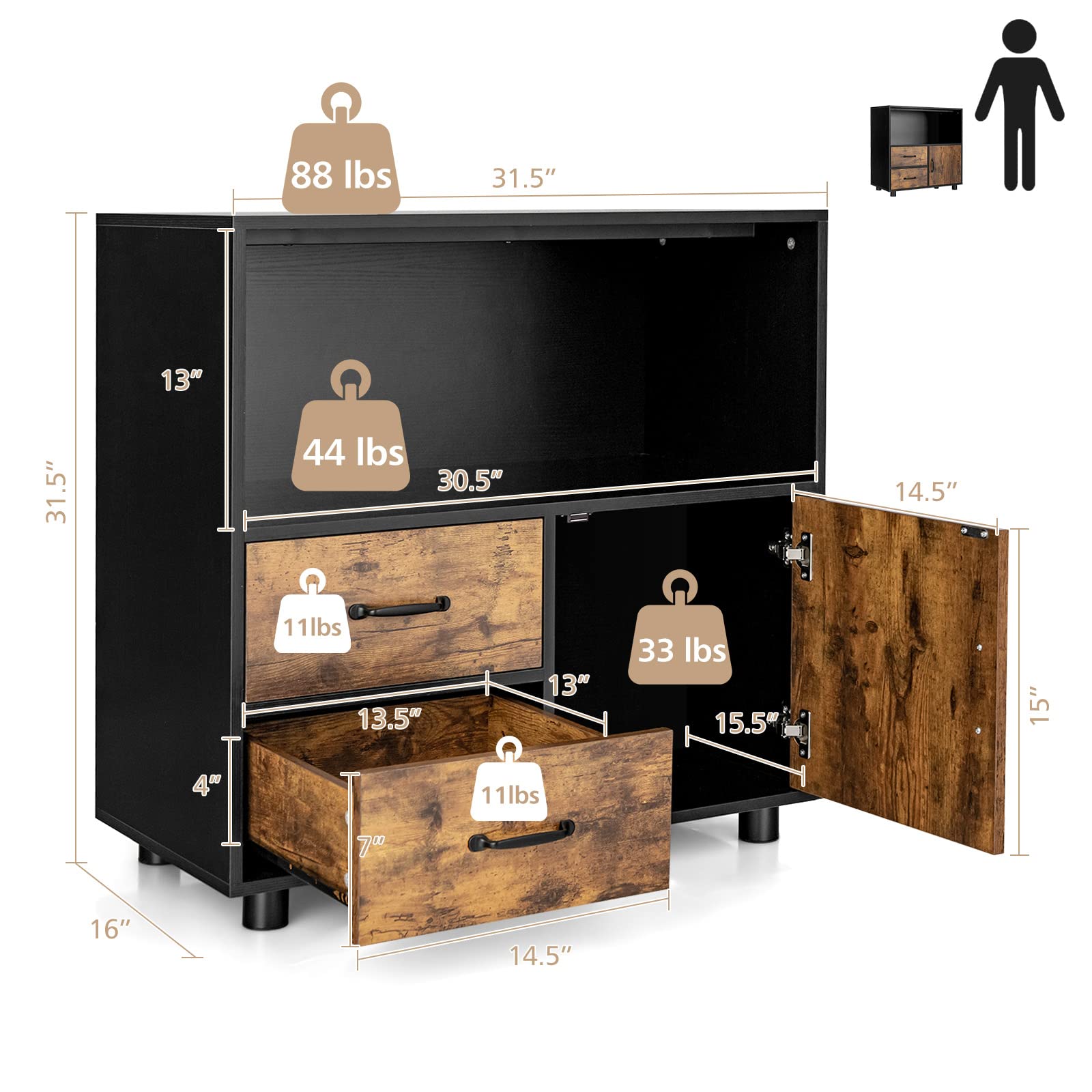 Giantex 2 Drawer File Cabinet - Lateral Filing Storage Cabinet with Industrial Style, Anti-Scratch Surface, Anti-Tipping Device, Middle Open Shelf, Printer Stand for Home Office 31.5” x 16” x 31.5”