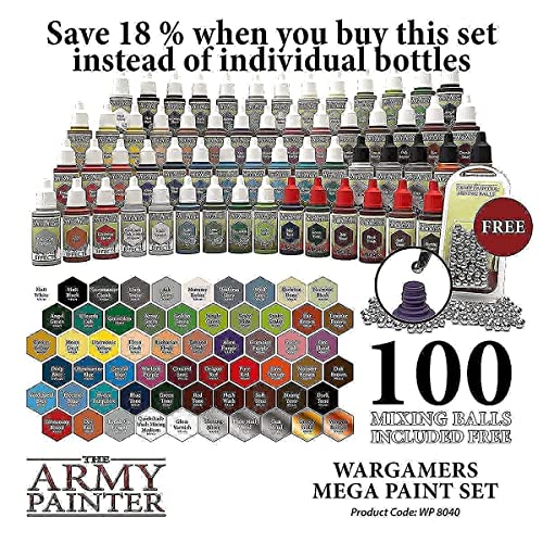 The Army Painter Wargamers Mega Paint Set Bundle with Wet Palette - Miniature Painting Kit with 100 Rustproof Mixing Balls Model Paint Set with 60 Nontoxic Acrylic Paints