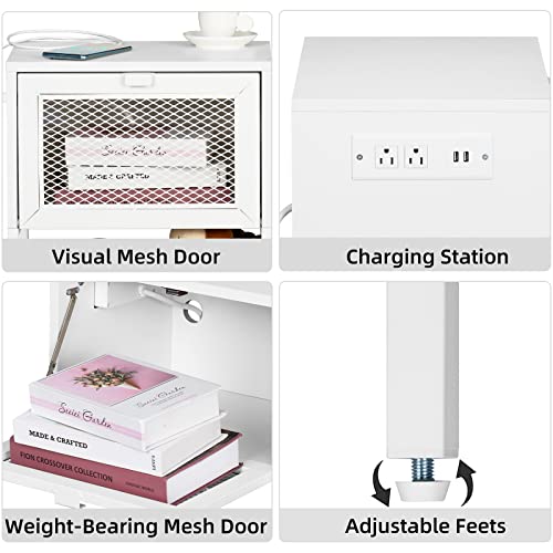 LEBOAHOUS Nightstand with Charging Station and USB Port, 3 Tier Industrial Night Stand, Bedside Table with Flip Storage Drawer and Open Shelf, End Side Table for Bedroom, Office, Dorm 26.2''H (White)