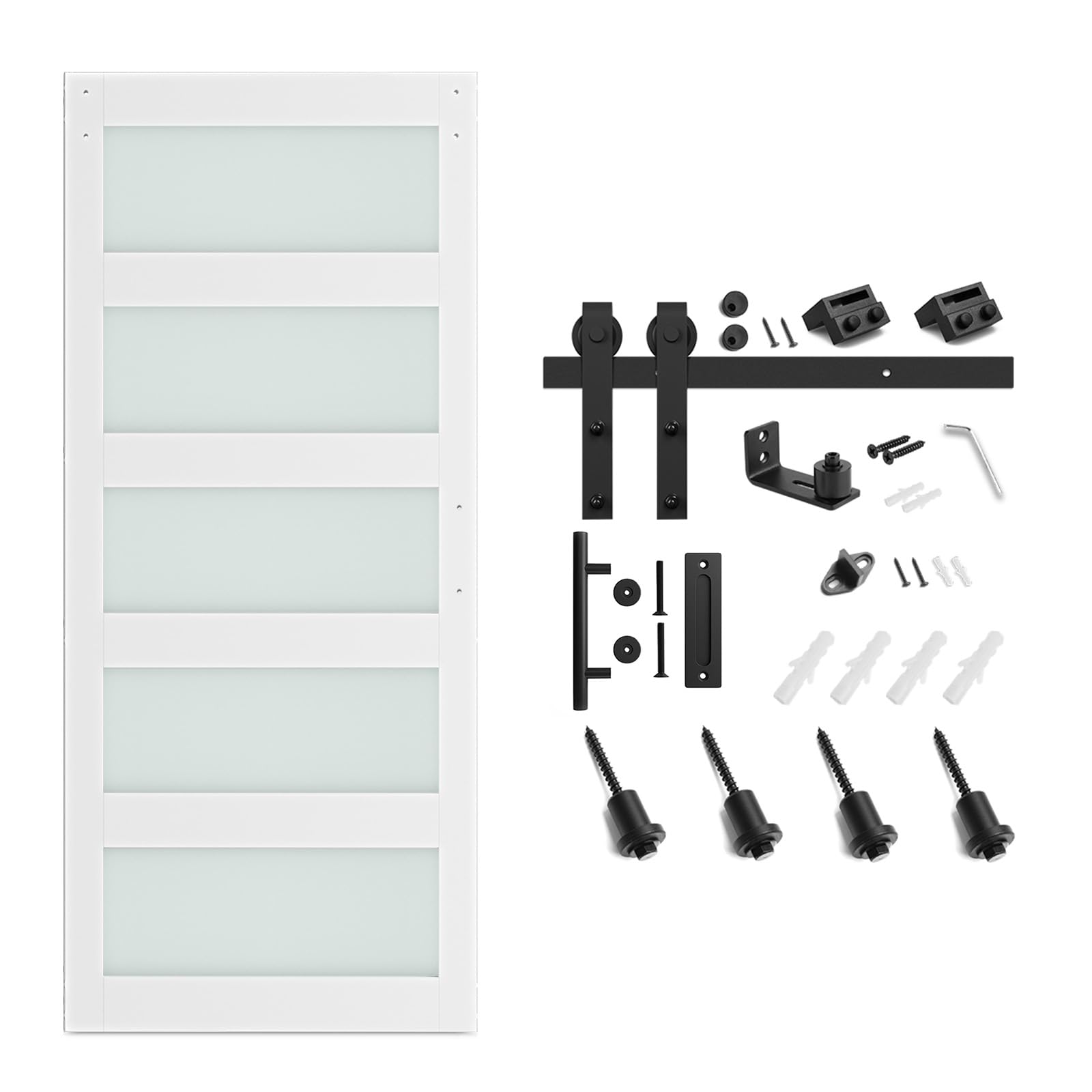 SmartStandard 36 x 84 in Glass Barn Door with 6.6FT Sliding Hardware Kit & Handle, Pre-Drilled Ready to Assemble, Waterproof PVC Coating, White, 5-Panel Glass