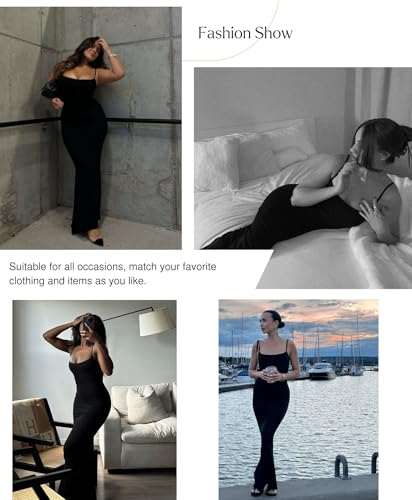 Popilush Summer Maxi Dress for Women - Cocktail Shapewear Dresses Built-in Bra Adjustable Straps Vacation Long Slip Black