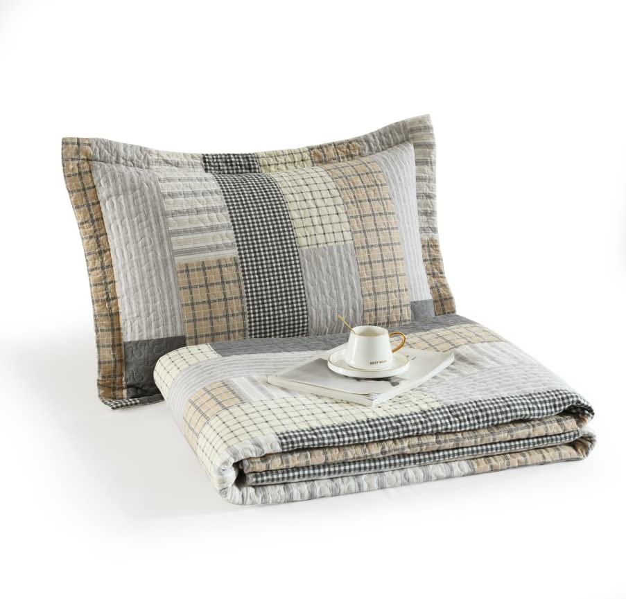 Qiqiong Quilt King Size,Patchwork Quilt Bedding Set 100% Cotton Plaid Bedspread King Size Lightweight Coverlet Comforter Set Quilted Bedspreads All Season,Gray/Charcoal/Cream/Beige 3 Pieces