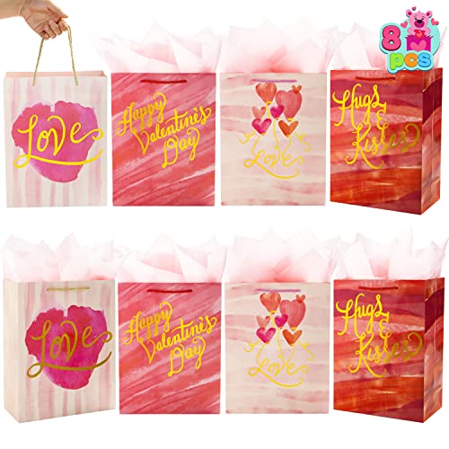 JOYIN 8 PCS Valentine’s Day Gift Bags with Tissue Paper, Large 10 X 12.8 X 4.4 inch with 4 Red Themed Designs for Kids Party Favor, Classroom Exchange Prizes, Present Wrapping