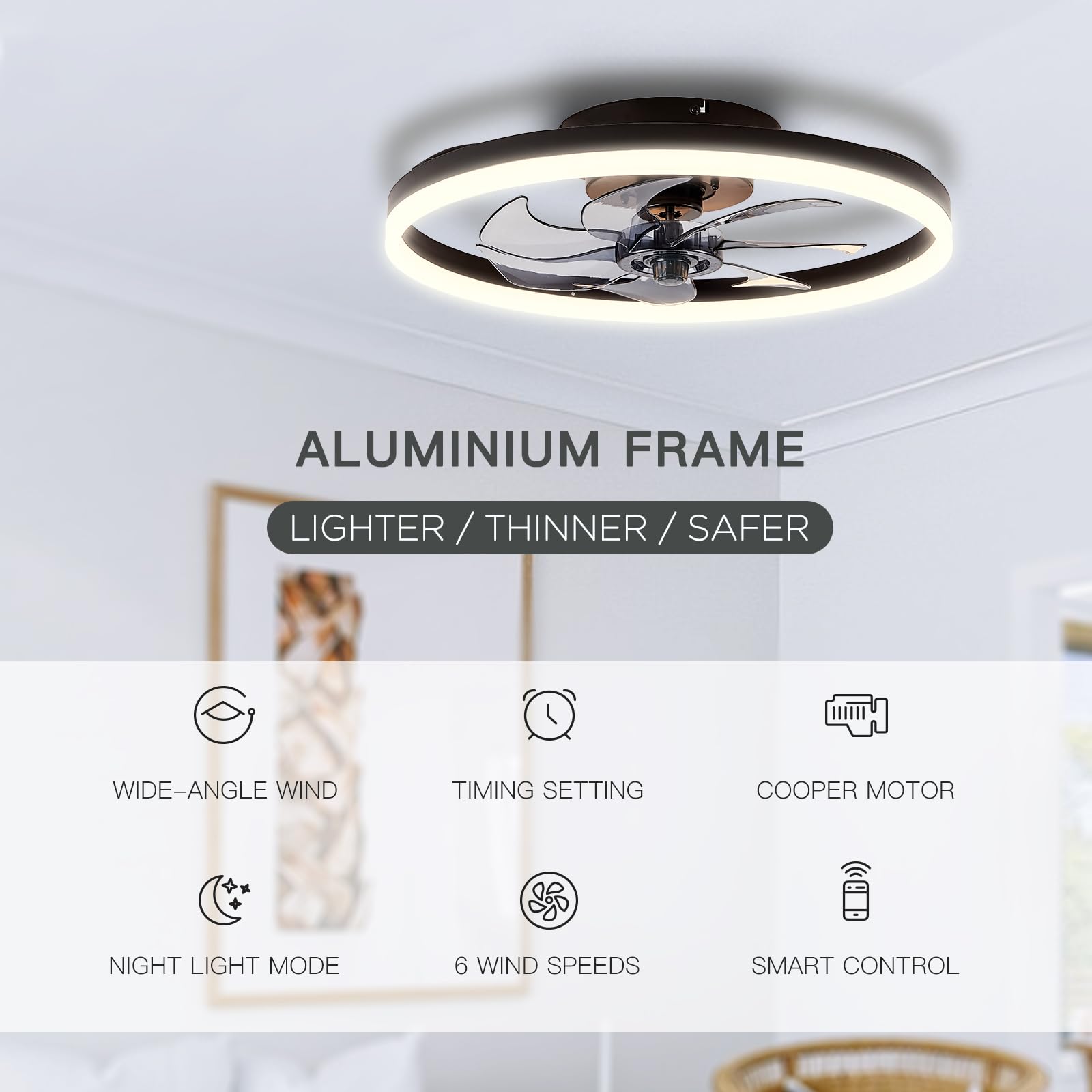 STERREN 20'' Modern Low Profile Ceiling Fan with Light, Bedroom LED Ceiling Fan with Remote Control, Bladeless Flush Mount Black Fan Lights Ceiling Fixtures for Living Room,Small Room