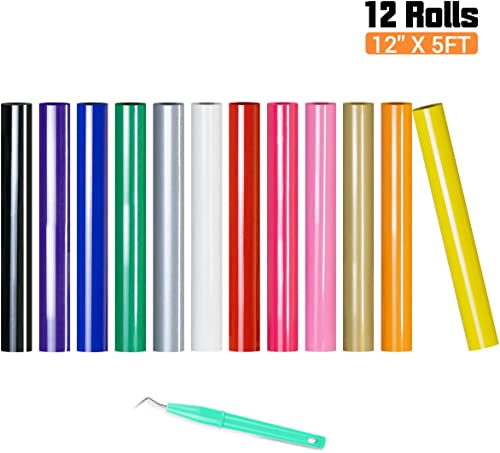 HTVRONT HTV Heat Transfer Vinyl Bundle (12 Pack) - 12 Inch by 5 Feet HTV Vinyl Rolls, Easy to Cut Iron on Vinyl for Cricut & Cameo, Easy to Weed Heat Transfer Vinyl