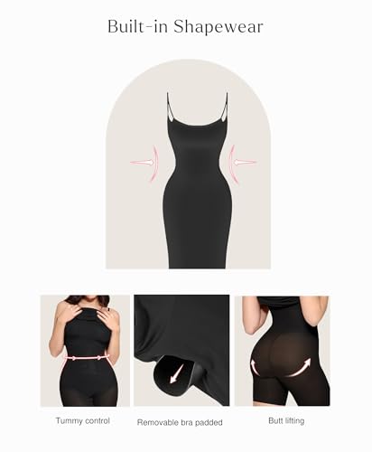 Popilush Summer Maxi Dress for Women - Cocktail Shapewear Dresses Built-in Bra Adjustable Straps Vacation Long Slip Black