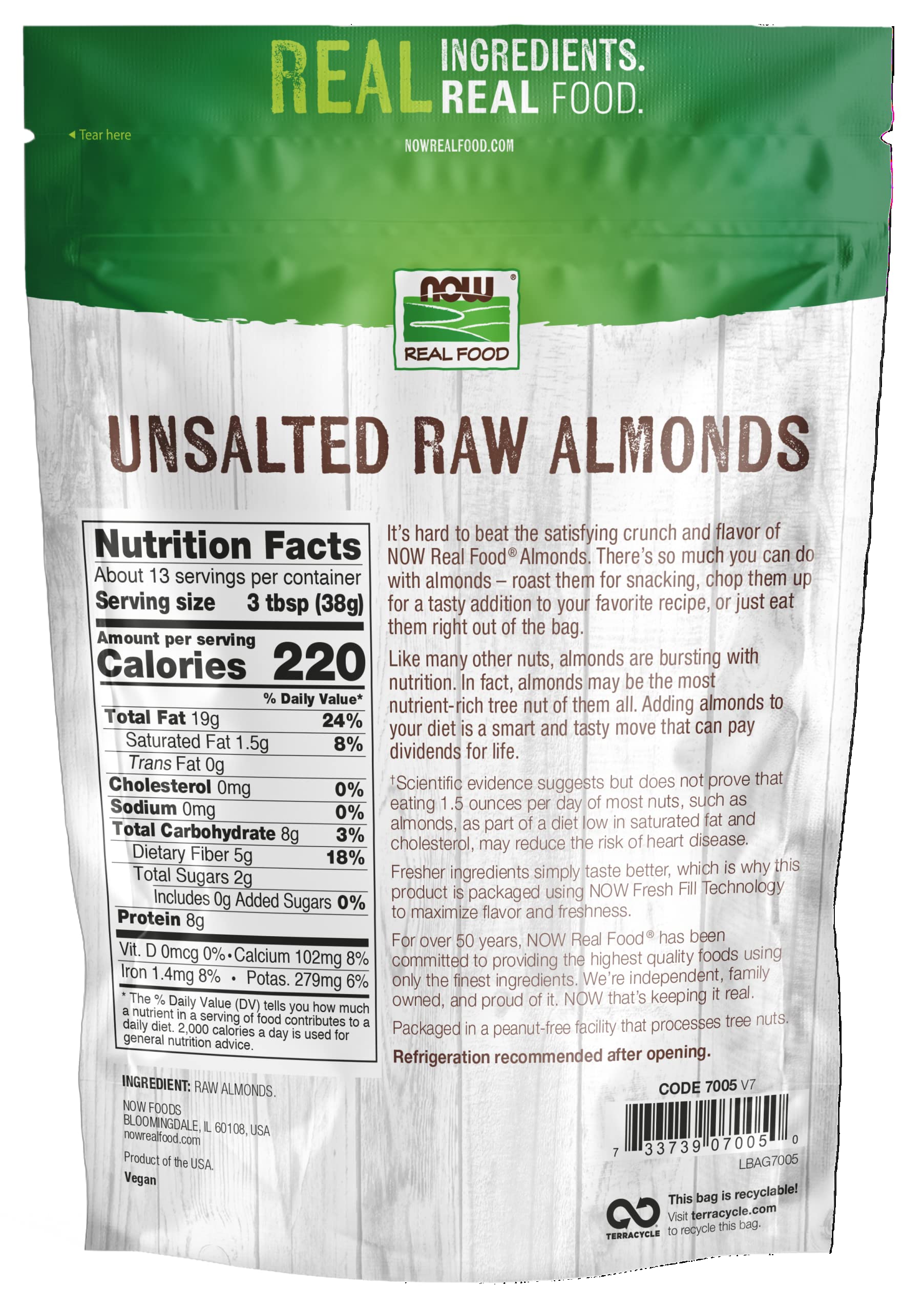 NOW Foods, Almonds, Raw and Unsalted, Source of Protein, Grown in the USA, 16-Ounce (Packaging May Vary) (Pack of 2)