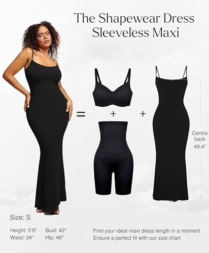 Popilush Summer Maxi Dress for Women - Cocktail Shapewear Dresses Built-in Bra Adjustable Straps Vacation Long Slip Black