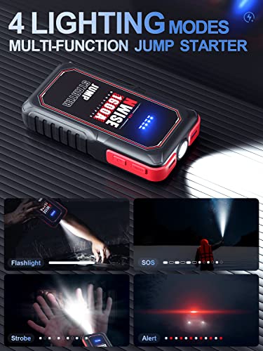 NWISE Battery Jump Starter, 1600A Peak Portable Car Jump Starter with Smart Safety Jumper Clamps,12V Jump Boxes for Cars with Dual USB Quick Charge 3.0, LED Light
