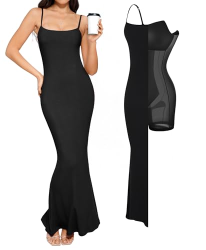 Popilush Summer Maxi Dress for Women - Cocktail Shapewear Dresses Built-in Bra Adjustable Straps Vacation Long Slip Black