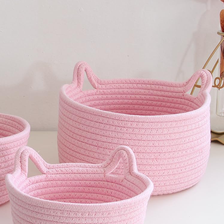 Cafshion Small Toy Basket with Cat Ears, Cute Basket Toy Organizer with Handles Woven Cotton Rope Basket Decorative Basket Nursery Bins & Boxes Gift Basket Empty for Baby Pet Toy Storage