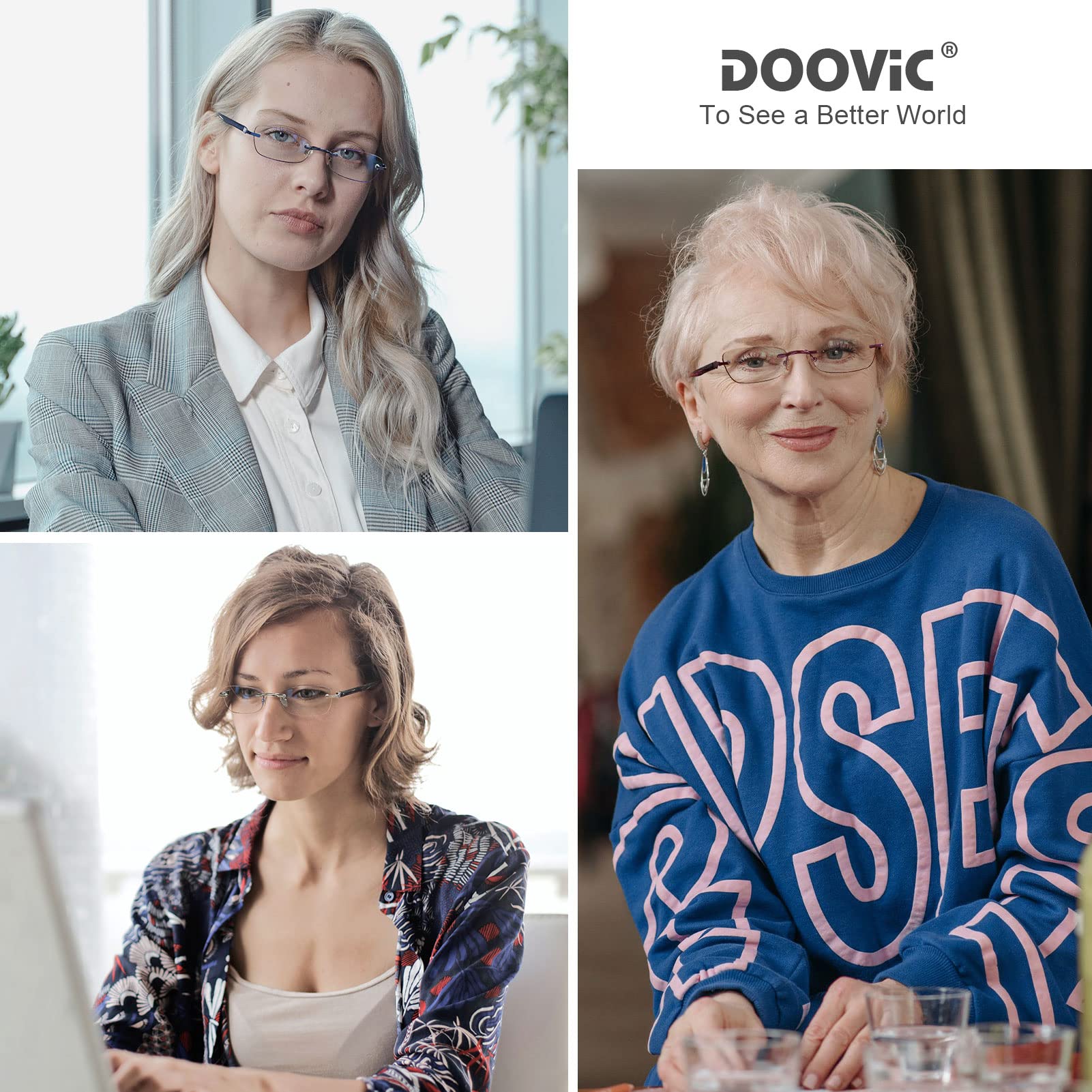 DOOViC 3 Pack Rimless Reading Glasses For Women Lightweight Elegant Blue Light Blocking Readers, Tinted Edge/Spring Hinge 2.00 Strength