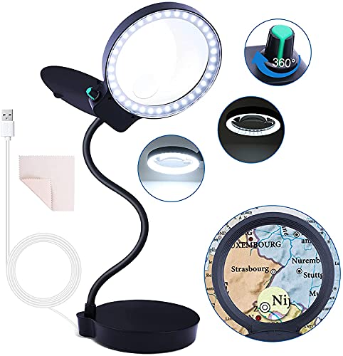 Magnifying Glass with Light and Stand, 10X 20X Magnifying Desk Lamp with Brightness Stepless Dimmable , Adjustable Gooseneck for Reading, Close Work, Hobbies