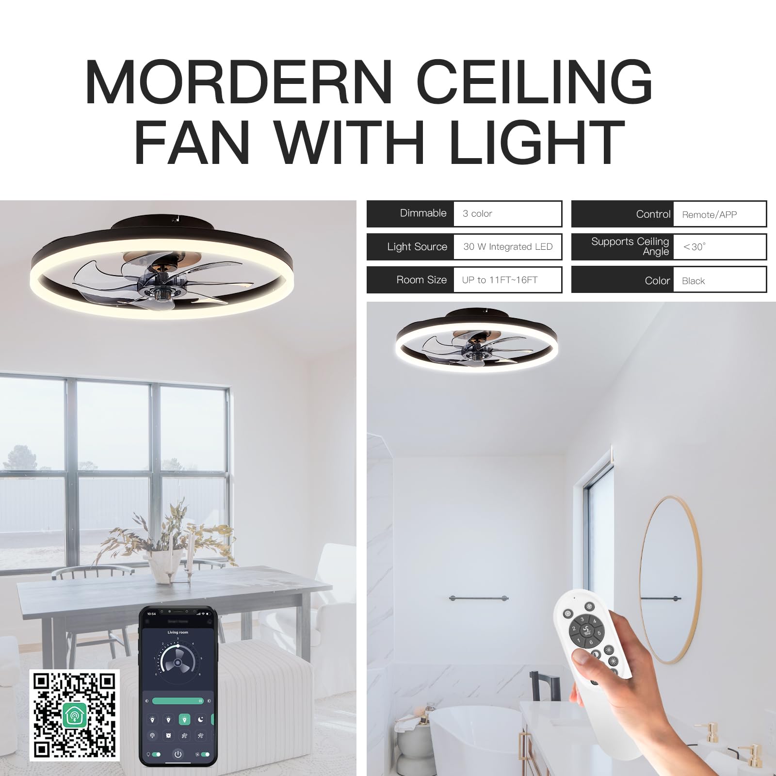 STERREN 20'' Modern Low Profile Ceiling Fan with Light, Bedroom LED Ceiling Fan with Remote Control, Bladeless Flush Mount Black Fan Lights Ceiling Fixtures for Living Room,Small Room