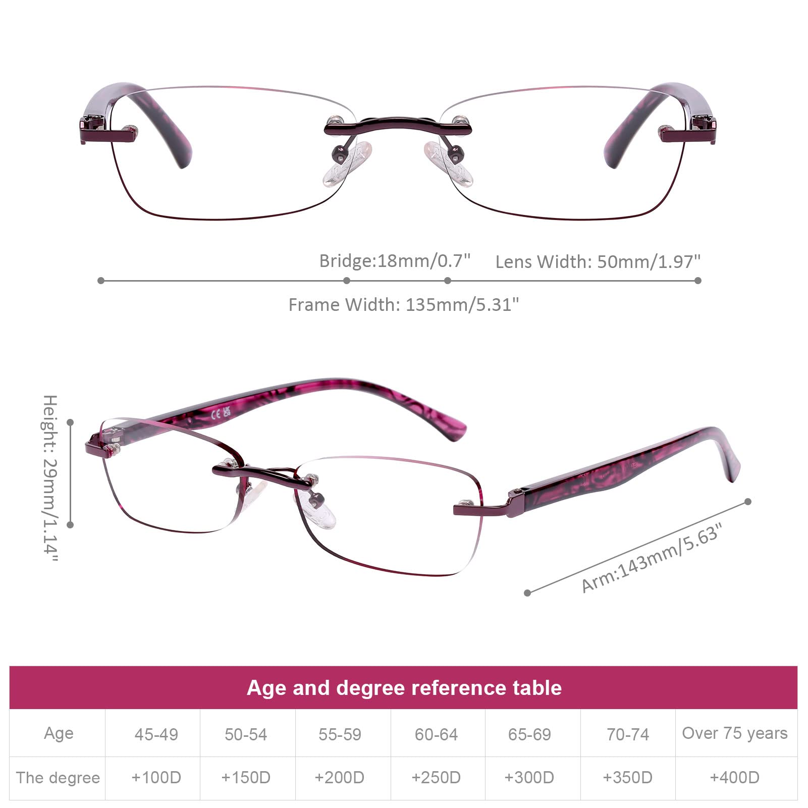 DOOViC 3 Pack Rimless Reading Glasses For Women Lightweight Elegant Blue Light Blocking Readers, Tinted Edge/Spring Hinge 2.00 Strength