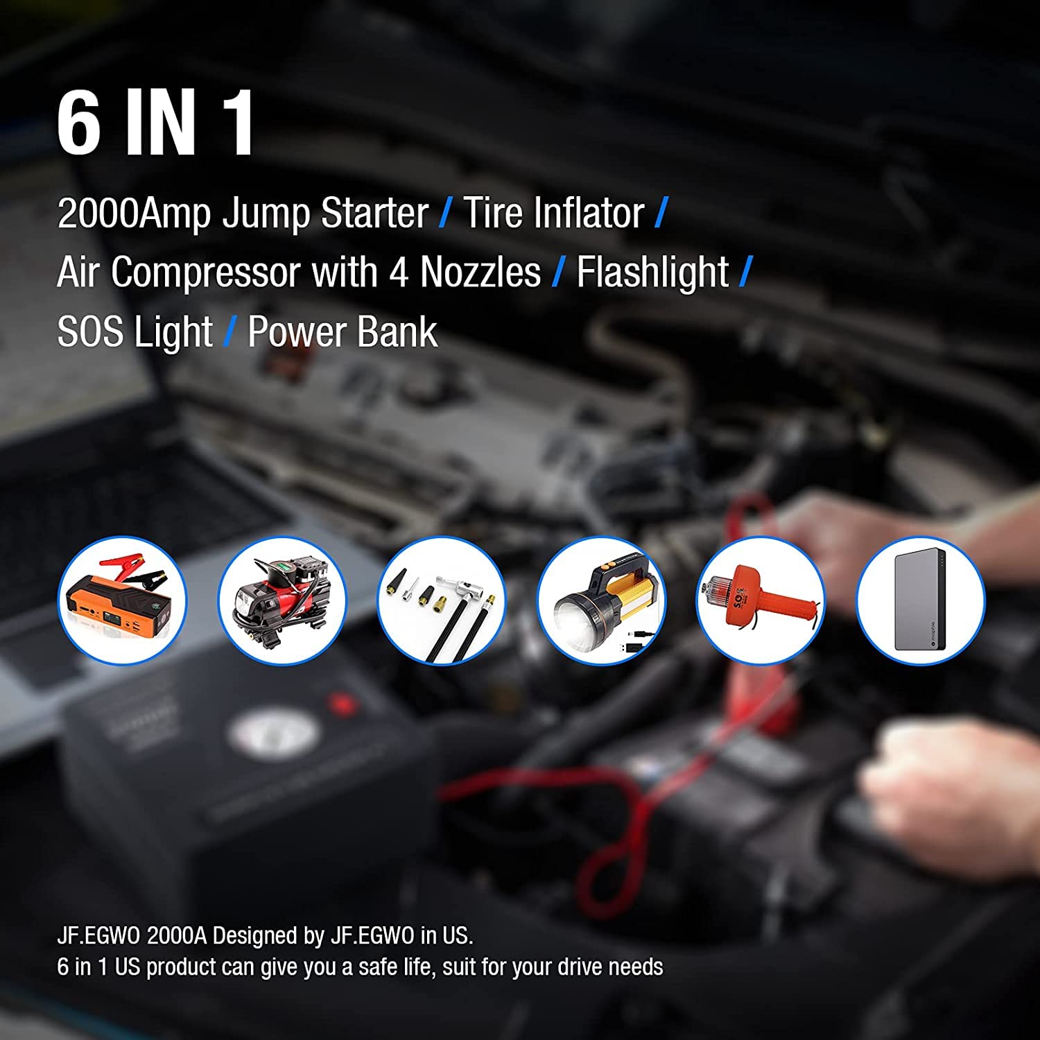 JF.EGWO 2000A Car Jump Starter with Air Compressor, 22000mAh Battery Booster (Up to 8.5L Gas or 8.0L Diesel Engine) &150 PSI Tire Inflator, Built-in 2 USB Ports and 2 LED Light