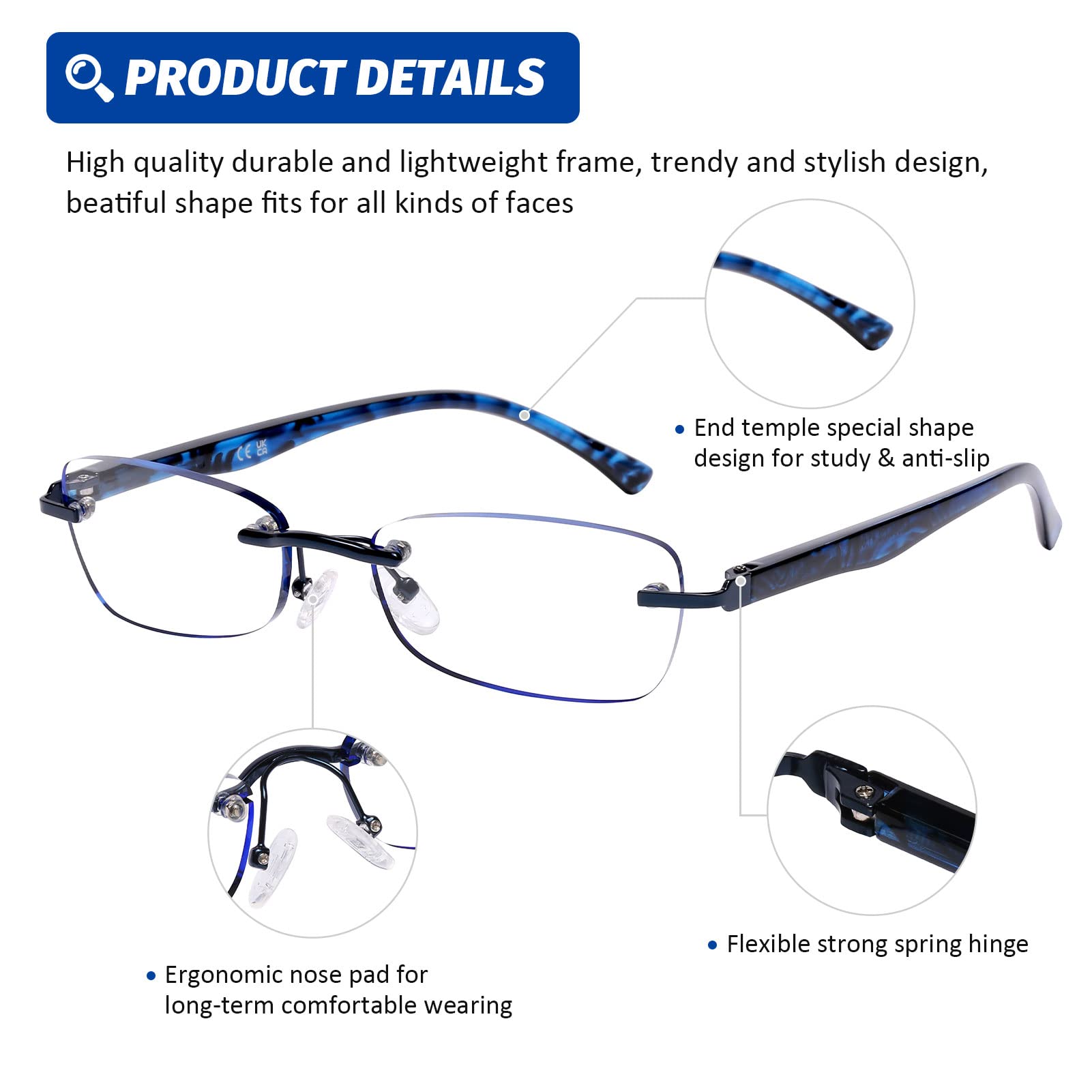DOOViC 3 Pack Rimless Reading Glasses For Women Lightweight Elegant Blue Light Blocking Readers, Tinted Edge/Spring Hinge 2.00 Strength