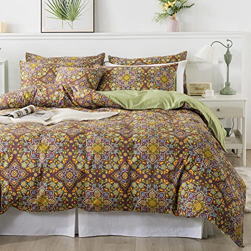FADFAY Shabby Floral Duvet Cover Set King/California King Vintage Bohemian Bedding Luxurious Purple Chic Boho Mandala Comforter Cover Set 100% Cotton Soft Paisley Exotic Quilt Cover Zipper 3Pcs