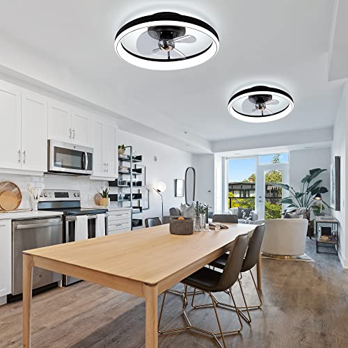 Sunny Hawaii Modern Ceiling Fans with Lights and Remote, 19.7in Dimmable LED 6 Speeds Reversible Blades Timing Indoor Low Profile Ceiling Fan Semi Flush Mount with Remote Control(black)