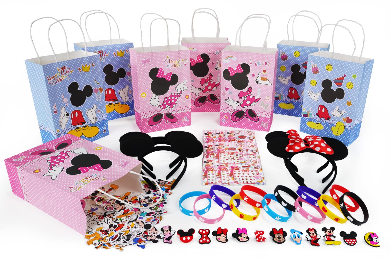120 Pack Mouse Party Favor Set Cartoon Mouse Theme Party Supplies Includes Party Bags Keychain Silicone Bracelet Nail Stickers Headbands Shoe Decor Perfect for Kids Birthday and Classroom Game Rewards
