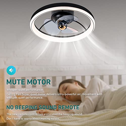 Sunny Hawaii Modern Ceiling Fans with Lights and Remote, 19.7in Dimmable LED 6 Speeds Reversible Blades Timing Indoor Low Profile Ceiling Fan Semi Flush Mount with Remote Control(black)