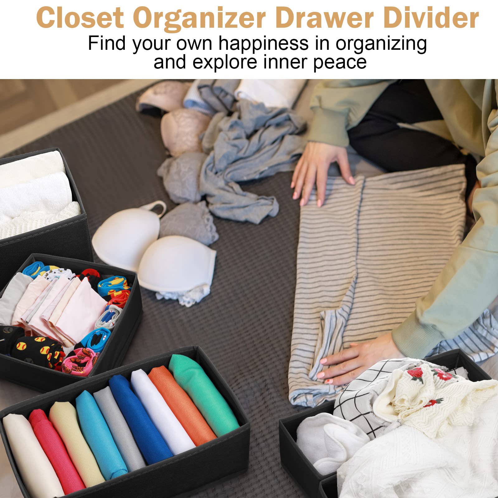 Potchen 24 Set Clothes Dresser Drawer Organizers Dividers, Nursery Organization Bin Fabric Foldable Closet Clothing Wardrobe Storage Box Container Basket for Bras Socks Underwear Bedroom(Black)