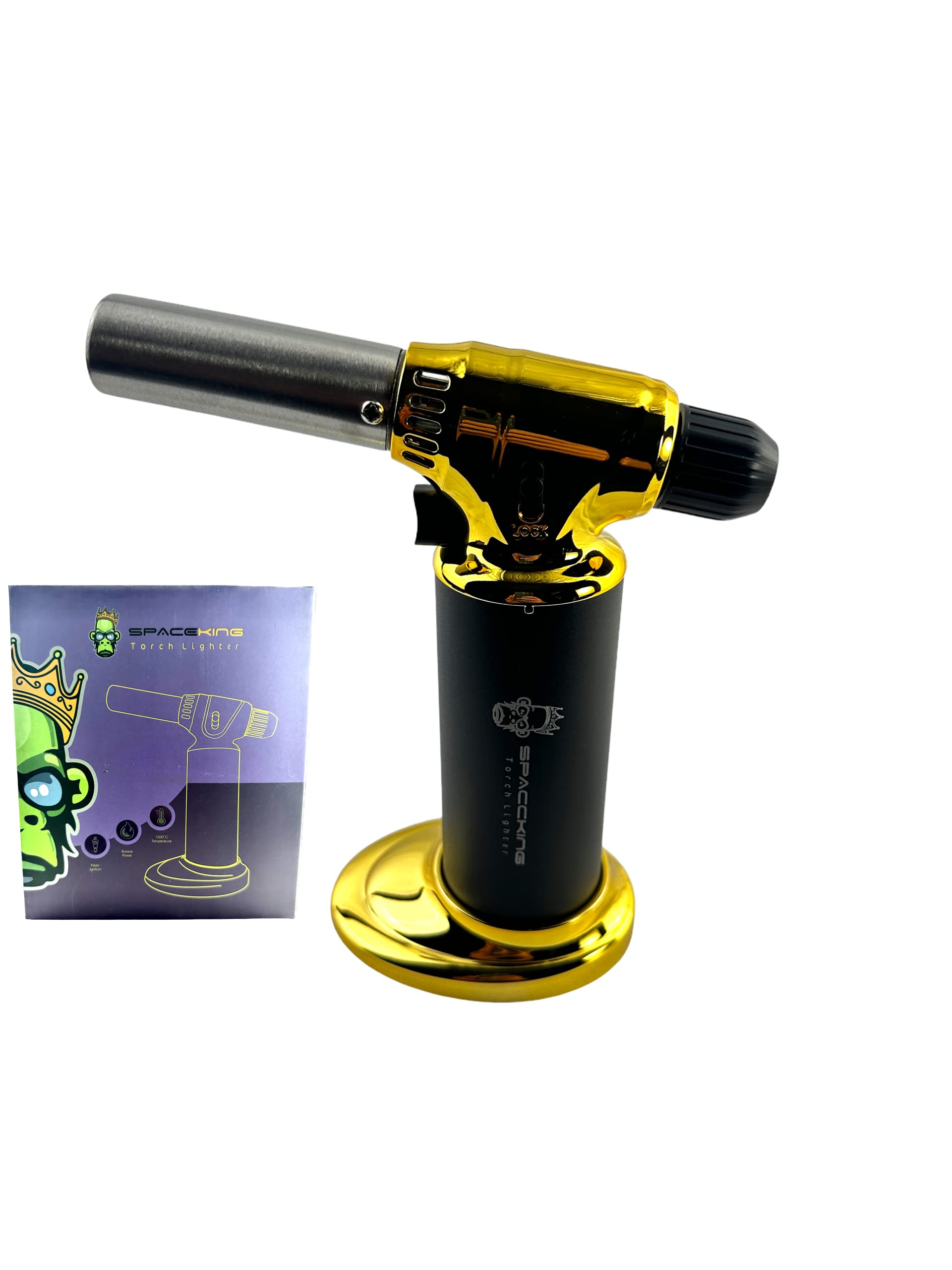 Space King Tall Wind-Proof Torch Lighter - Adjustable Flame - Child-Lock - Perfect for Camping, Kitchen, Backyard, Travel, Beach, BBQ, Mountain, Outdoors, Travel, Garage, and More. (Gold)