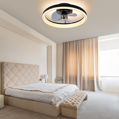 Sunny Hawaii Modern Ceiling Fans with Lights and Remote, 19.7in Dimmable LED 6 Speeds Reversible Blades Timing Indoor Low Profile Ceiling Fan Semi Flush Mount with Remote Control(black)