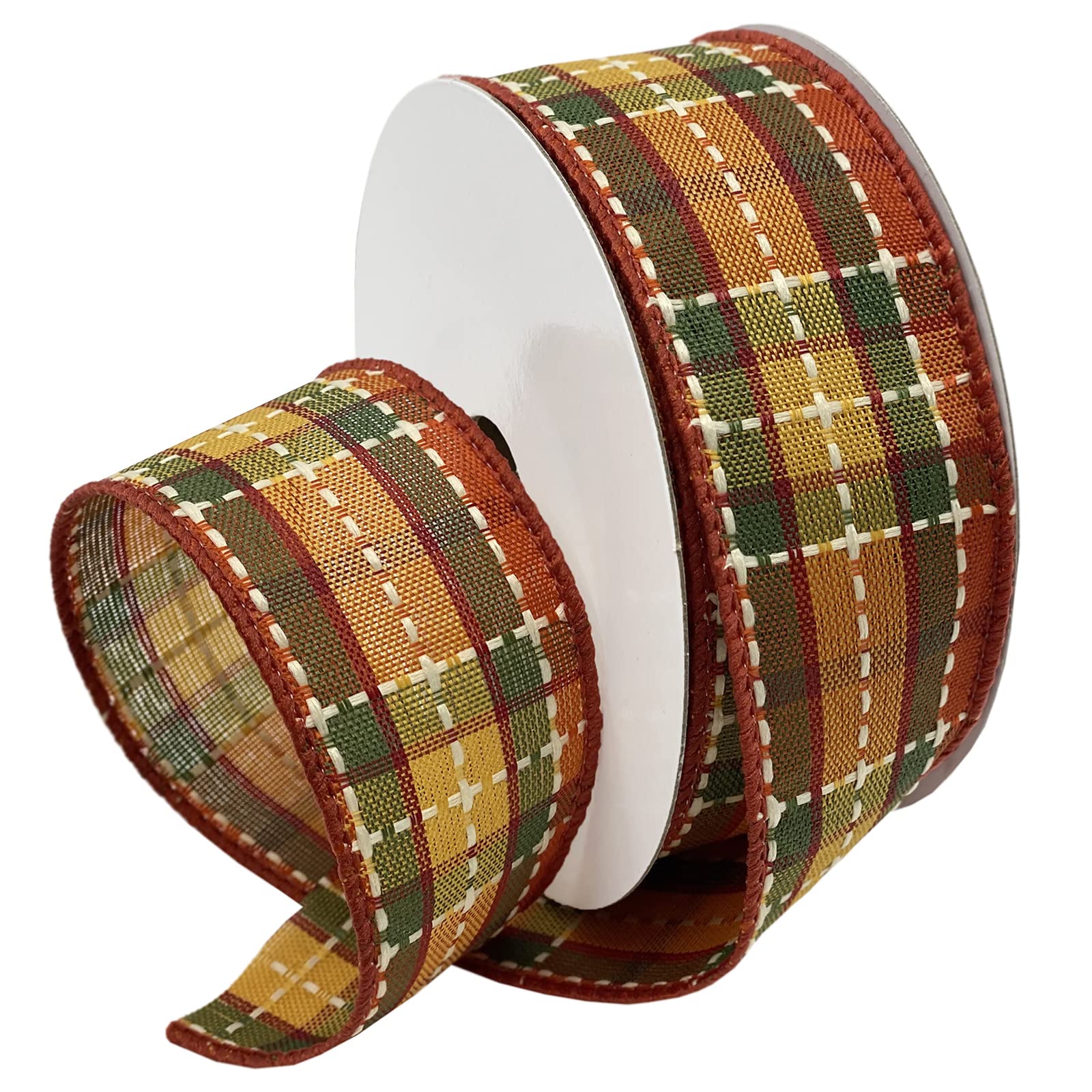 Morex Ribbon Wired Linen Harvest Plaid Ribbon, 1.5 inch by 10 Yards, Orange, 7794.40/10-62020