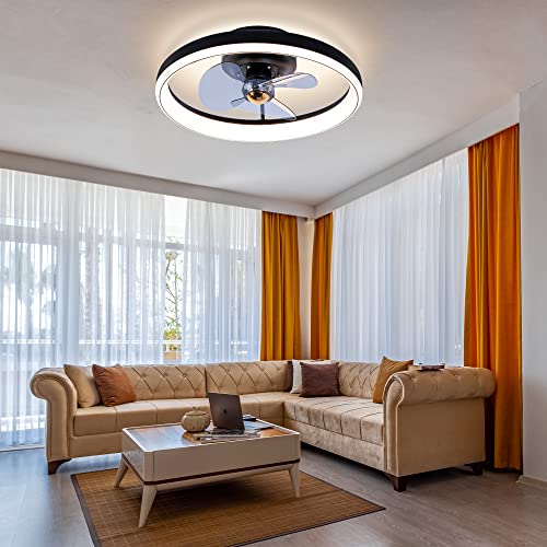 Sunny Hawaii Modern Ceiling Fans with Lights and Remote, 19.7in Dimmable LED 6 Speeds Reversible Blades Timing Indoor Low Profile Ceiling Fan Semi Flush Mount with Remote Control(black)