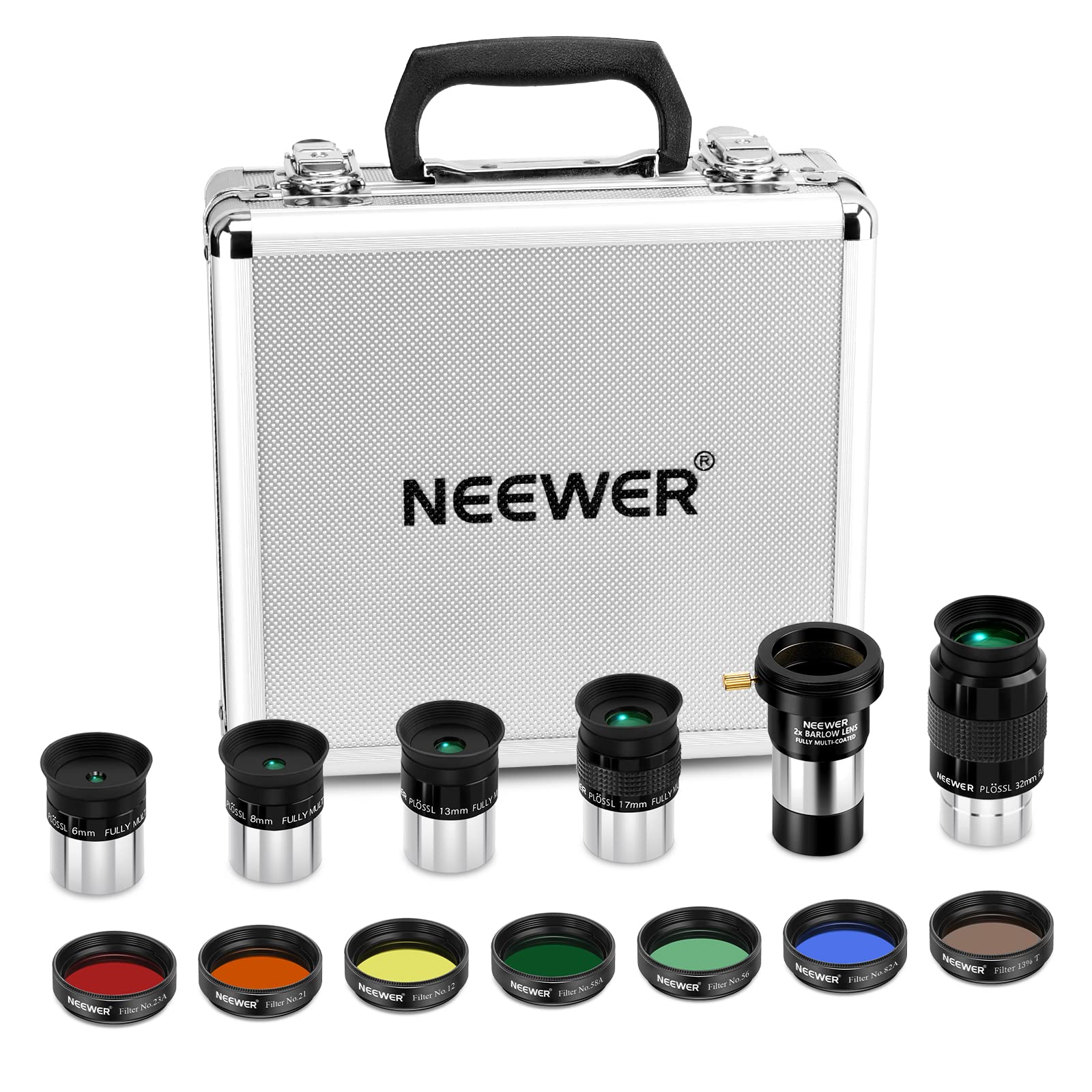 NEEWER 14PCS Telescope Eyepiece and Filters Kit, Telescope Accessories with (5)1.25 PlΓΆssl Telescope Eyepiece, (1)2X Barlow Lens, (6) Colored Filters, (1) Lunar Filter, Metal Protective Carrying Case